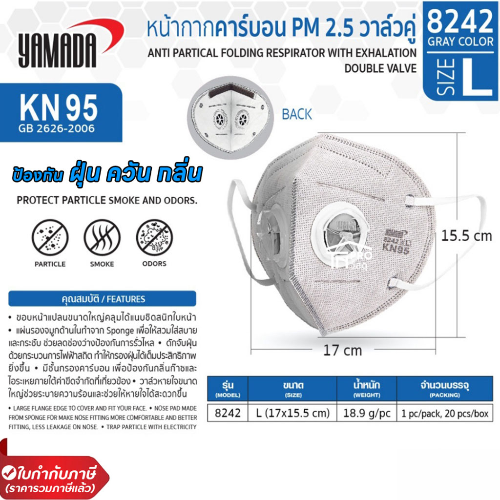 หน้ากากอนามัย กรองฝุ่น PM2.5 KN95 คาร์บอน ดับเบิ้ลวาล์ว คล้องหู แบบพับได้ รุ่น 8242 5 ชิ้น ...